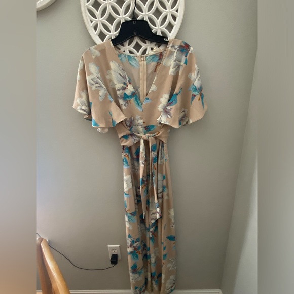 entro | Pants & Jumpsuits | Tan And Blue Floral Jumpsuit | Poshmark